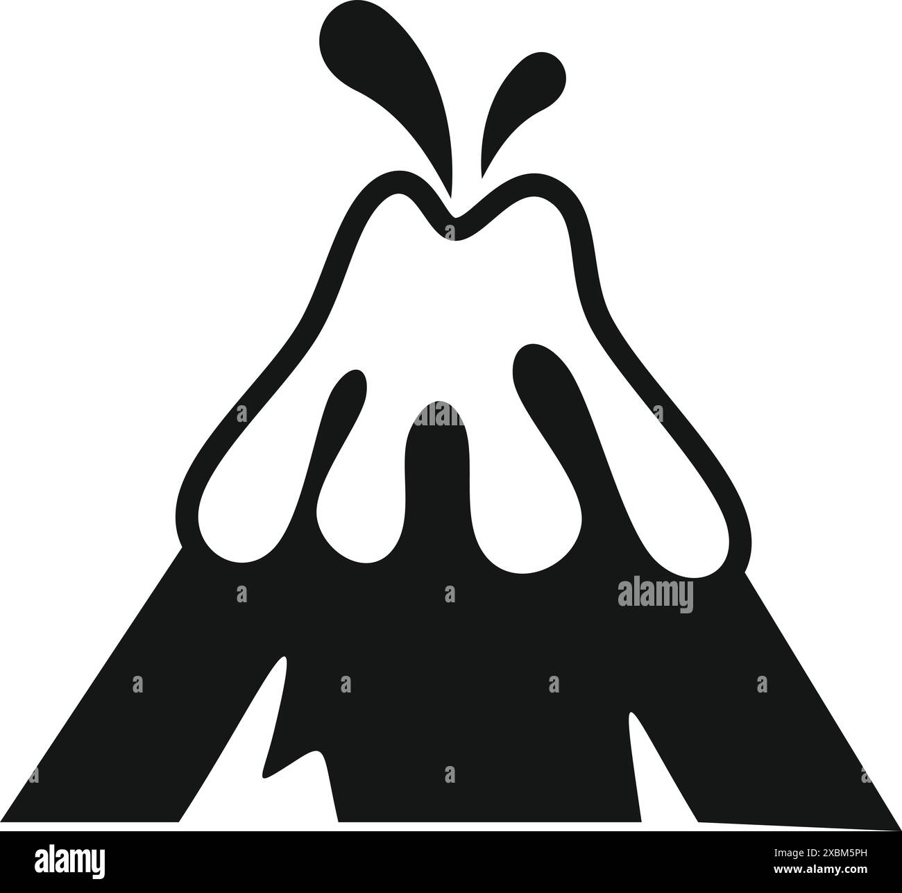 Simple black and white icon of a volcano erupting with lava flowing ...