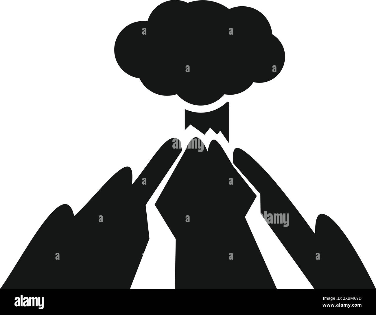 Black and white silhouette icon of a volcano erupting with ash cloud ...