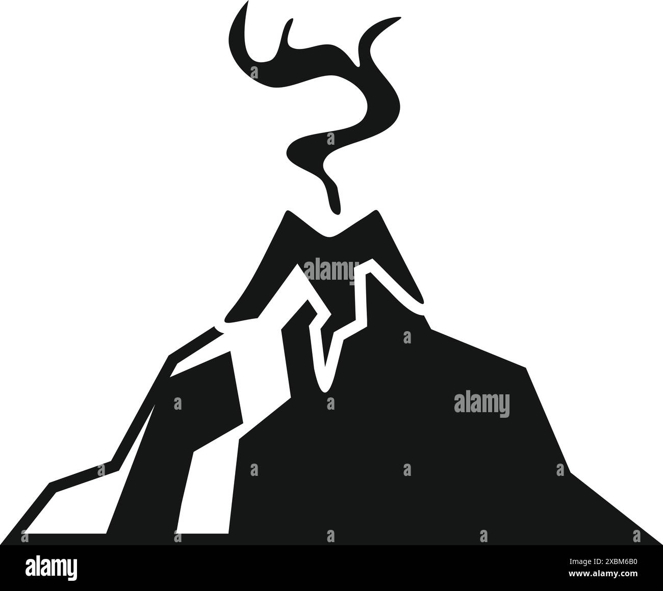 Simple black and white icon of a volcano erupting with smoke coming out ...