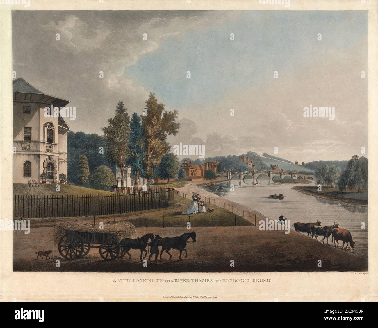 A print coloured engraving of a vintage view looking up the River ...