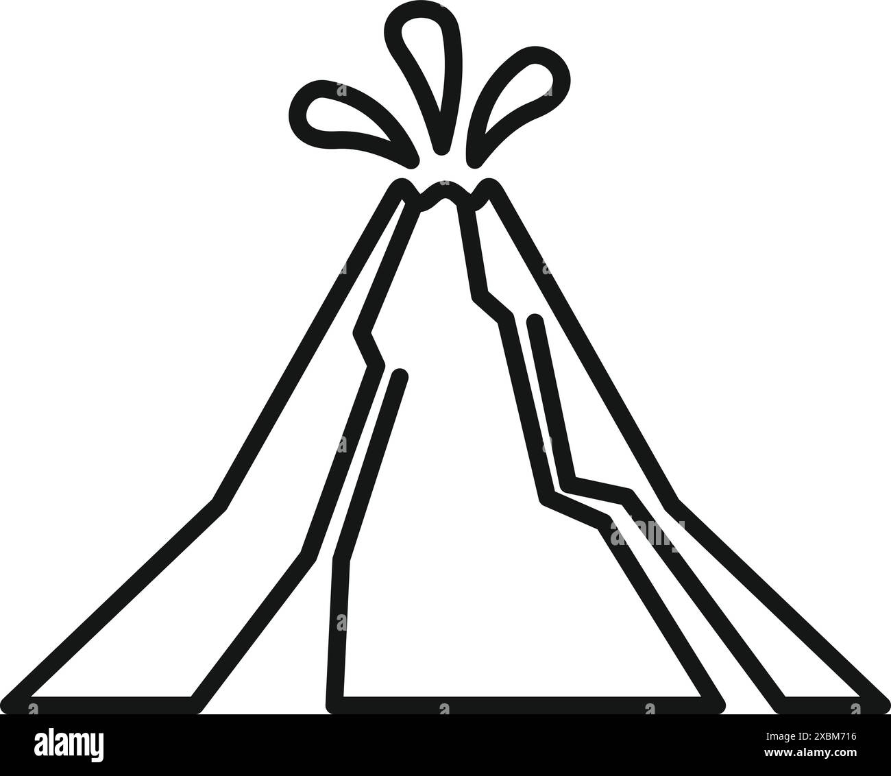 Volcano erupting with ash and lava flowing down its sides in monoline ...