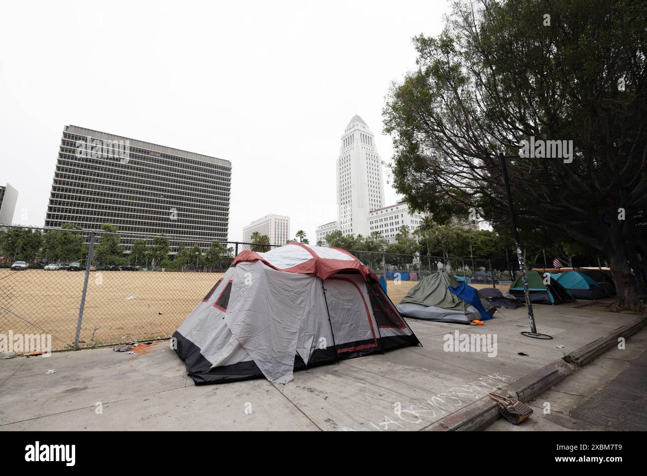 Los Angeles, USA. 12th June, 2024. A homeless encampment of tents is ...