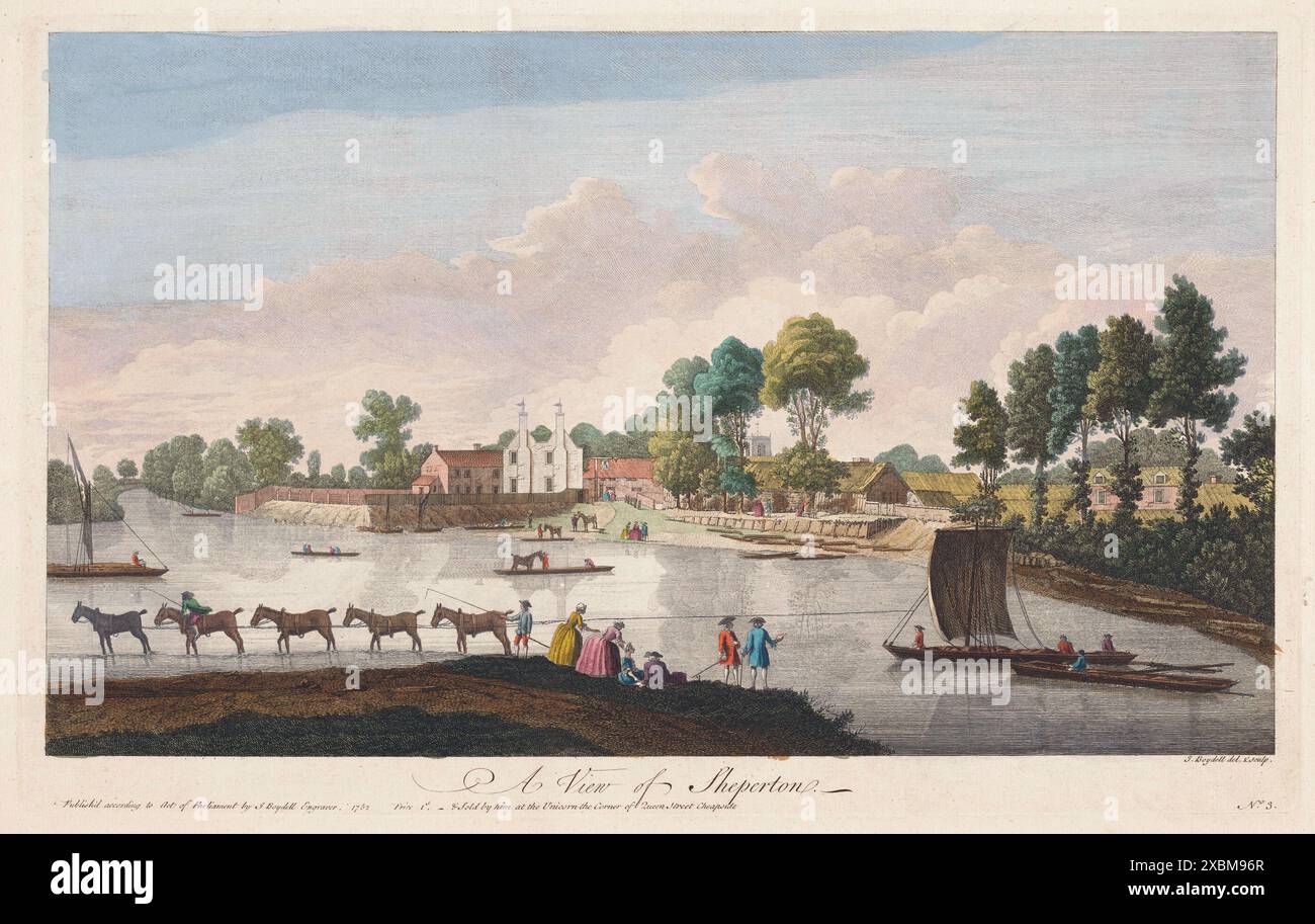 A georgian era print coloured engraving of a view of Shepperton near ...