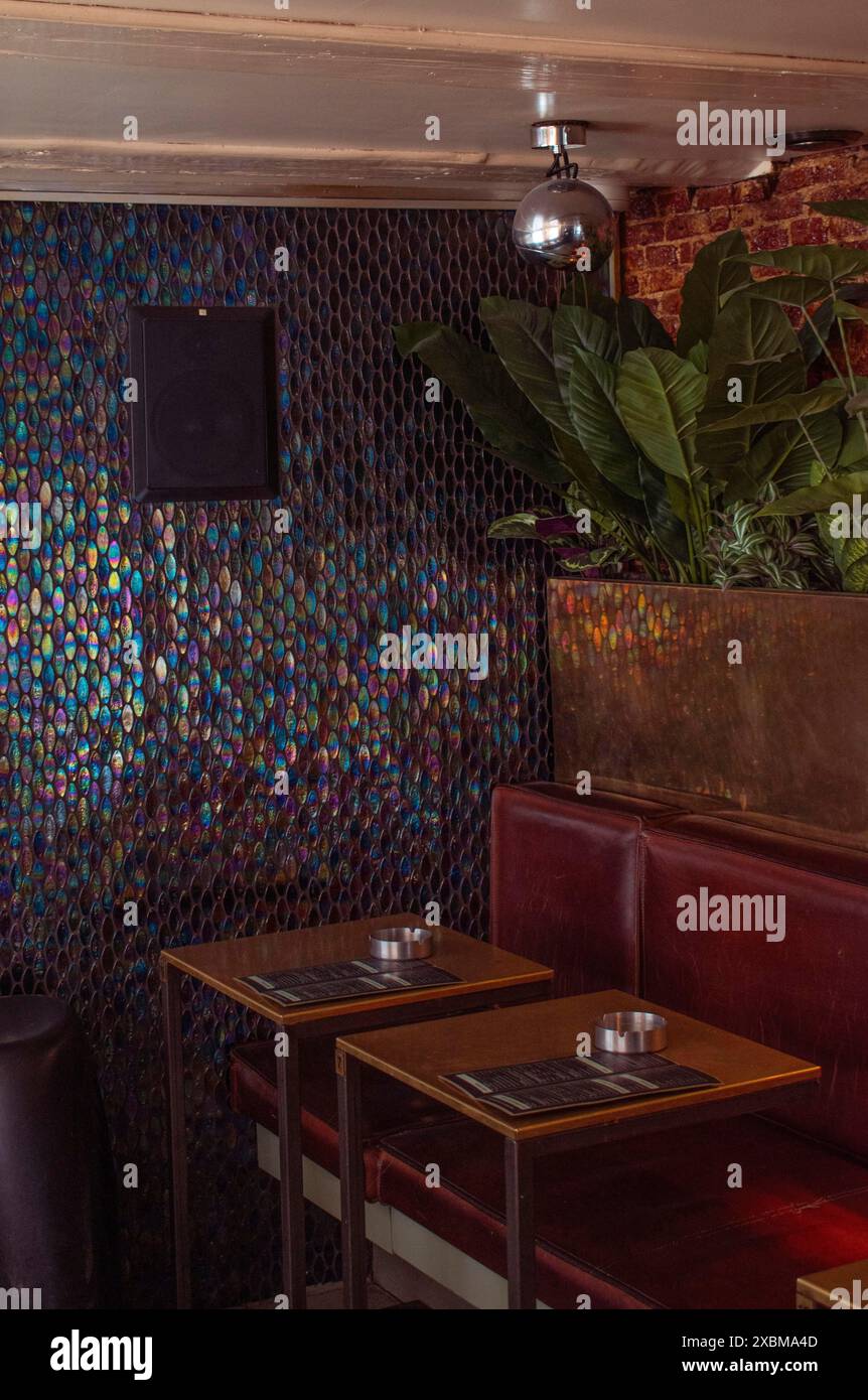Retro bar with dim lighting, tiles in a colourful scale pattern, green ...