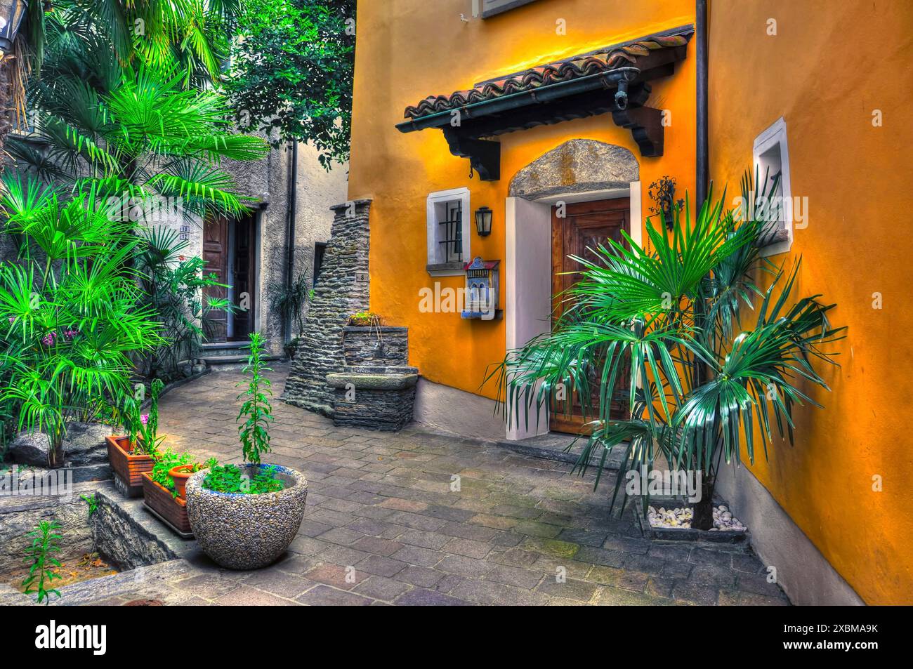 Beautiful Old Rustic Patio with Palm Trees in a Sunny Day in Ascona ...