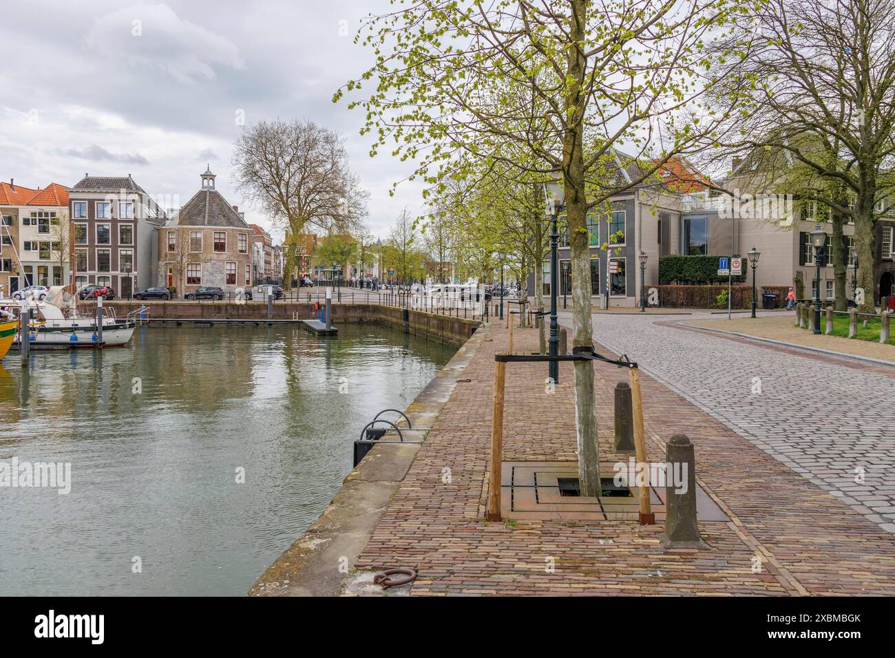Paved footpath with trees along a waterway in a city, Dordrecht ...