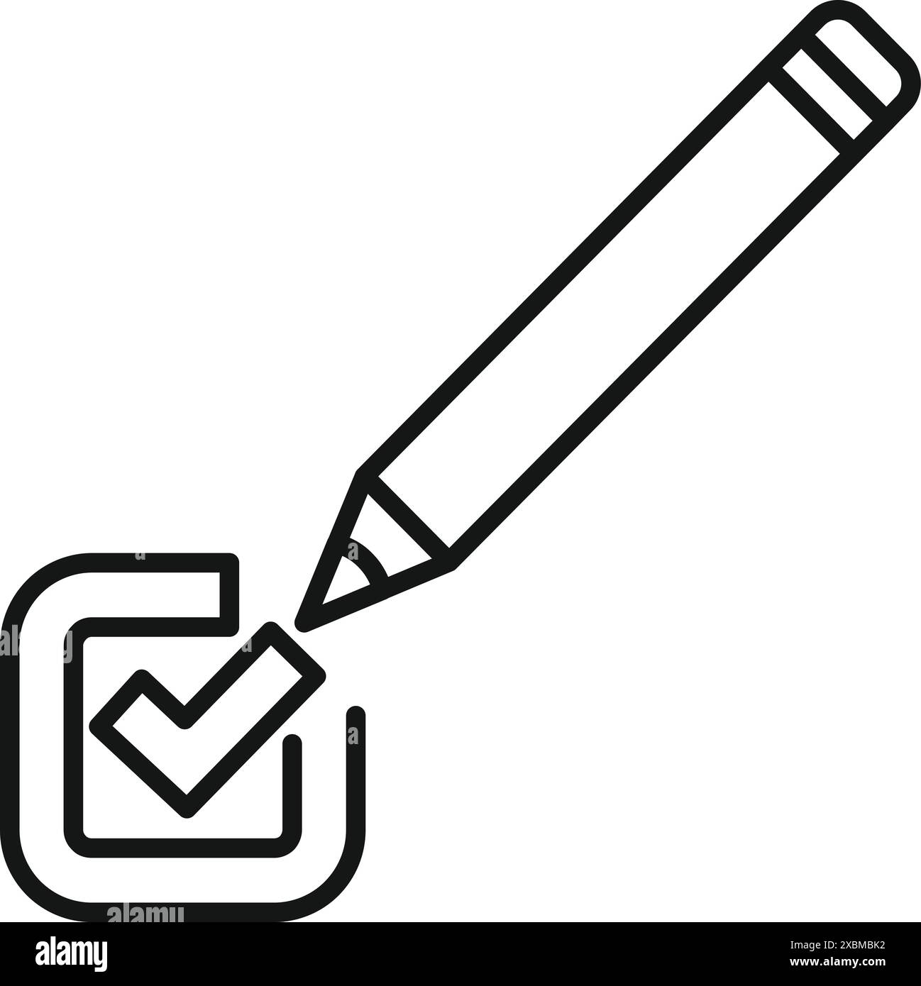 Simple line art icon of a pencil drawing a check mark in a checkbox, representing the concept of ...