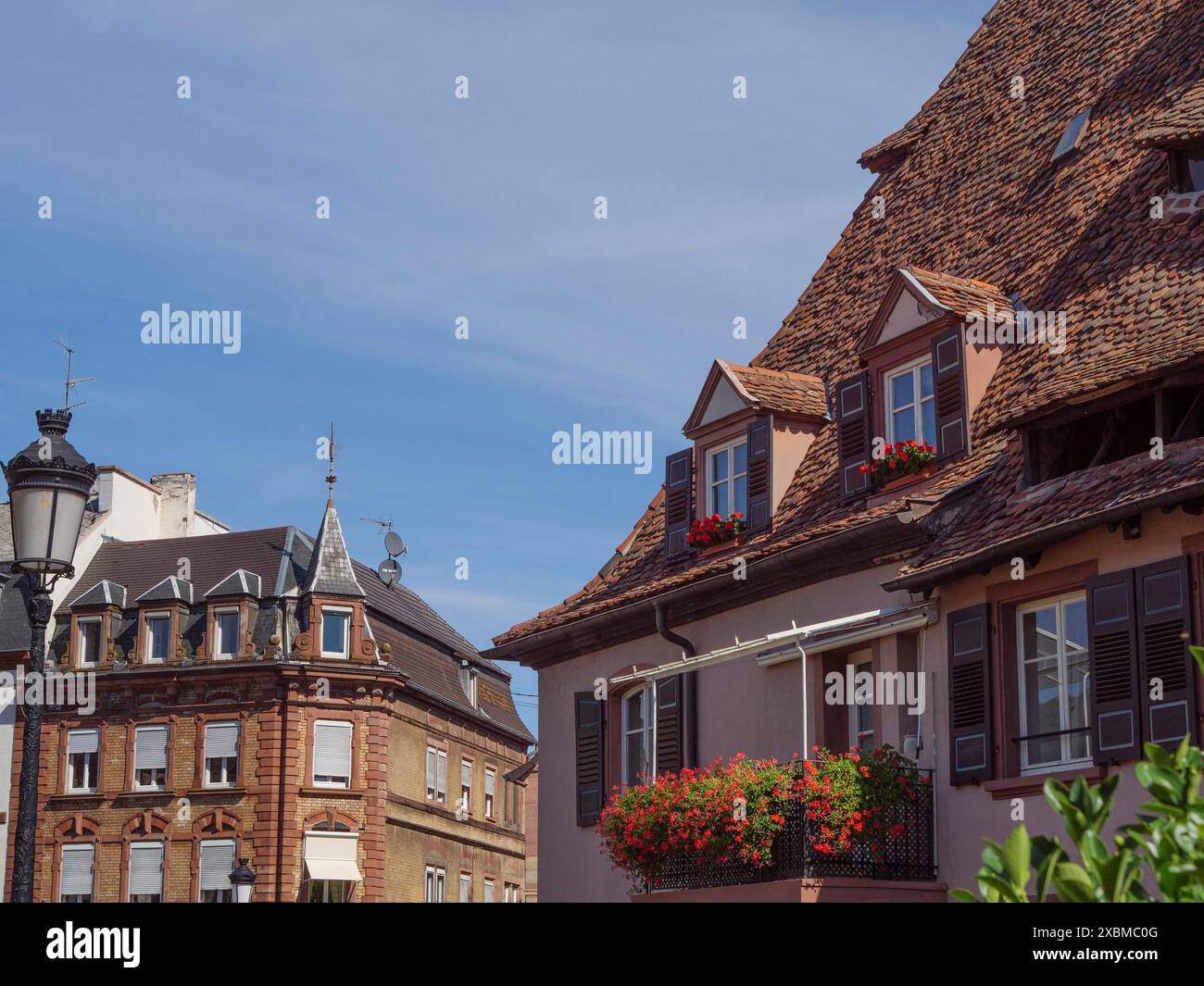 Close-up of traditional houses with steep roofs and many windows ...