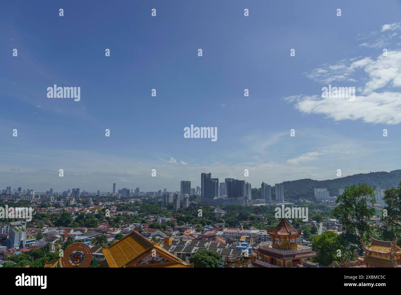 Wide view of a city with traditional and modern buildings under a clear ...