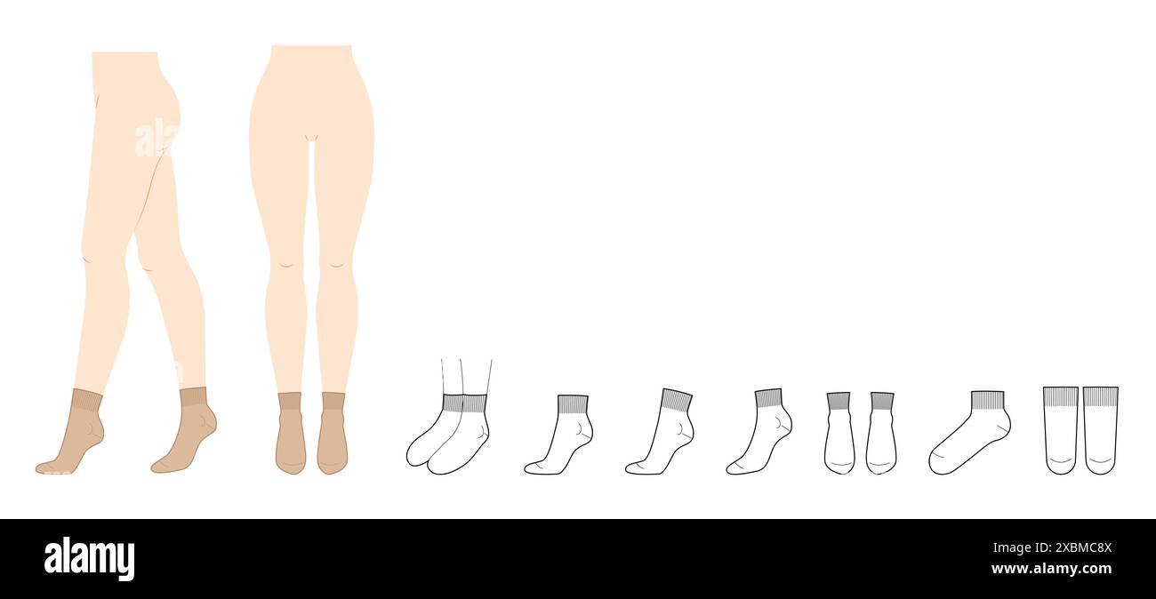 Ankle Socks set on women legs and CAD flat template mockup. Hosiery ...