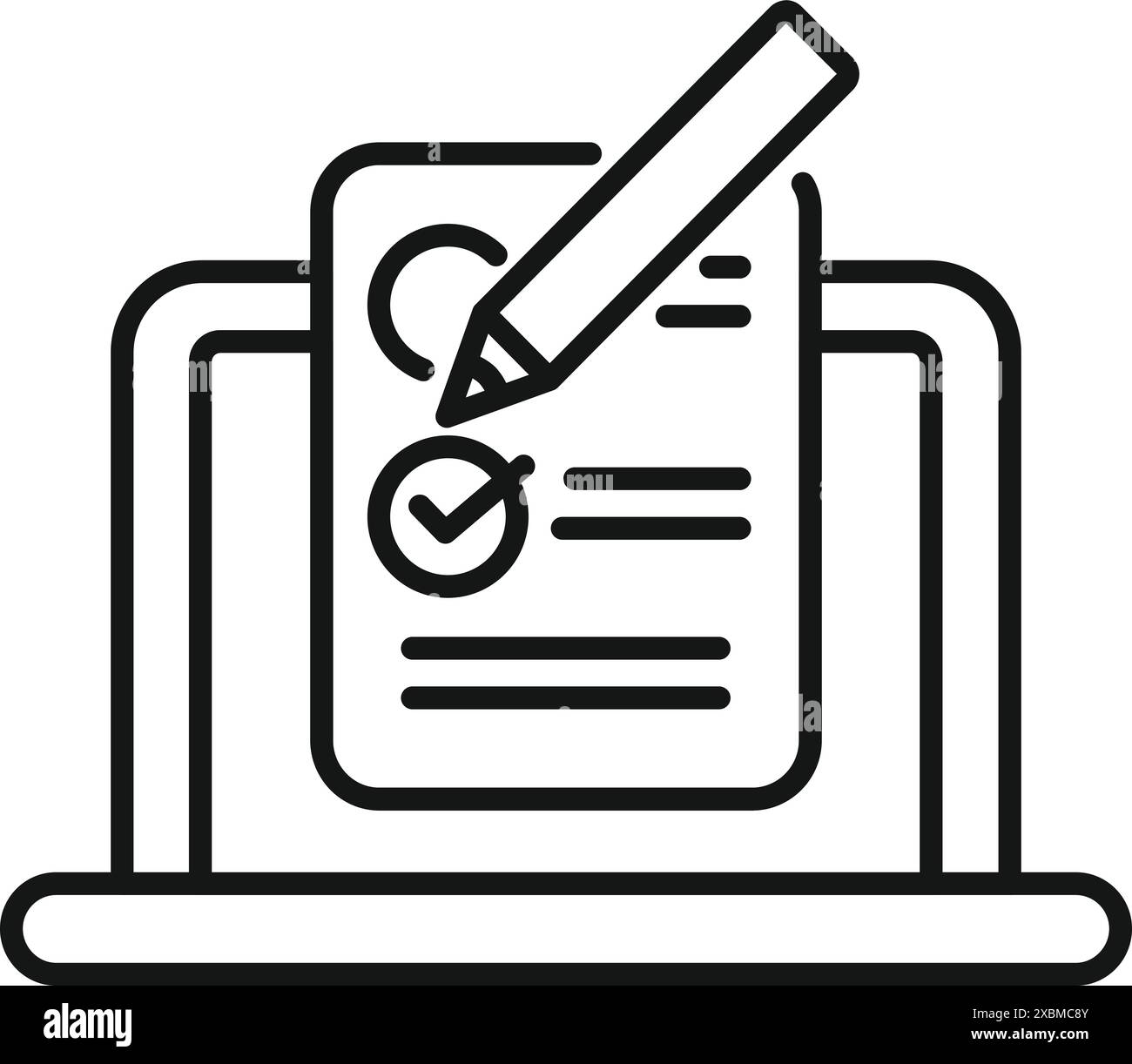 Simple icon of an online survey being filled out on a laptop computer ...