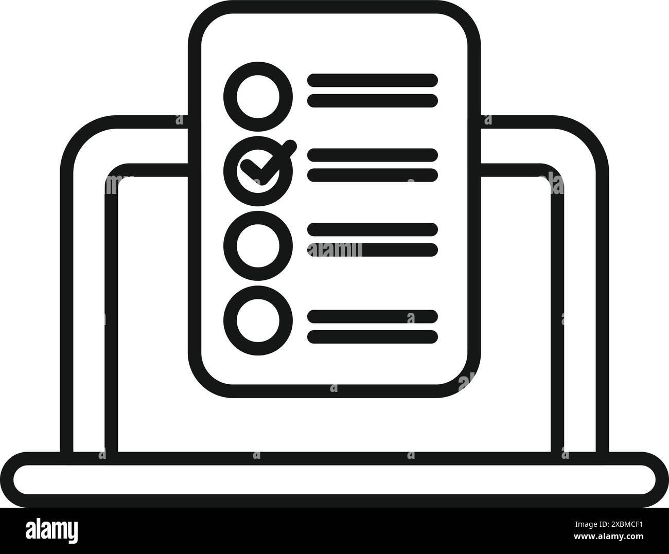 Line art icon of online survey form on laptop computer with check mark showing completed task ...
