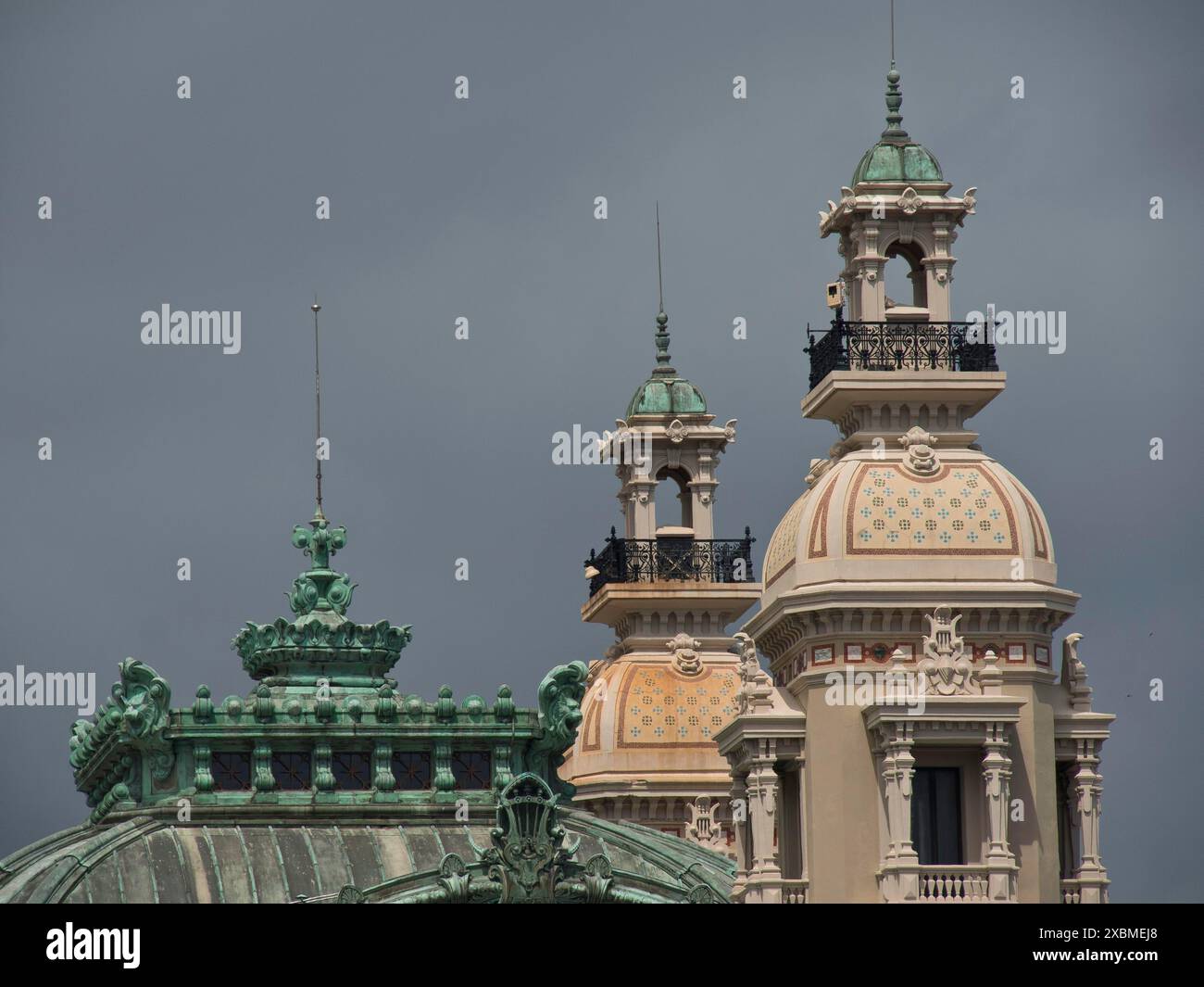 Detailed view of architectural towers and domes in front of a cloudy ...