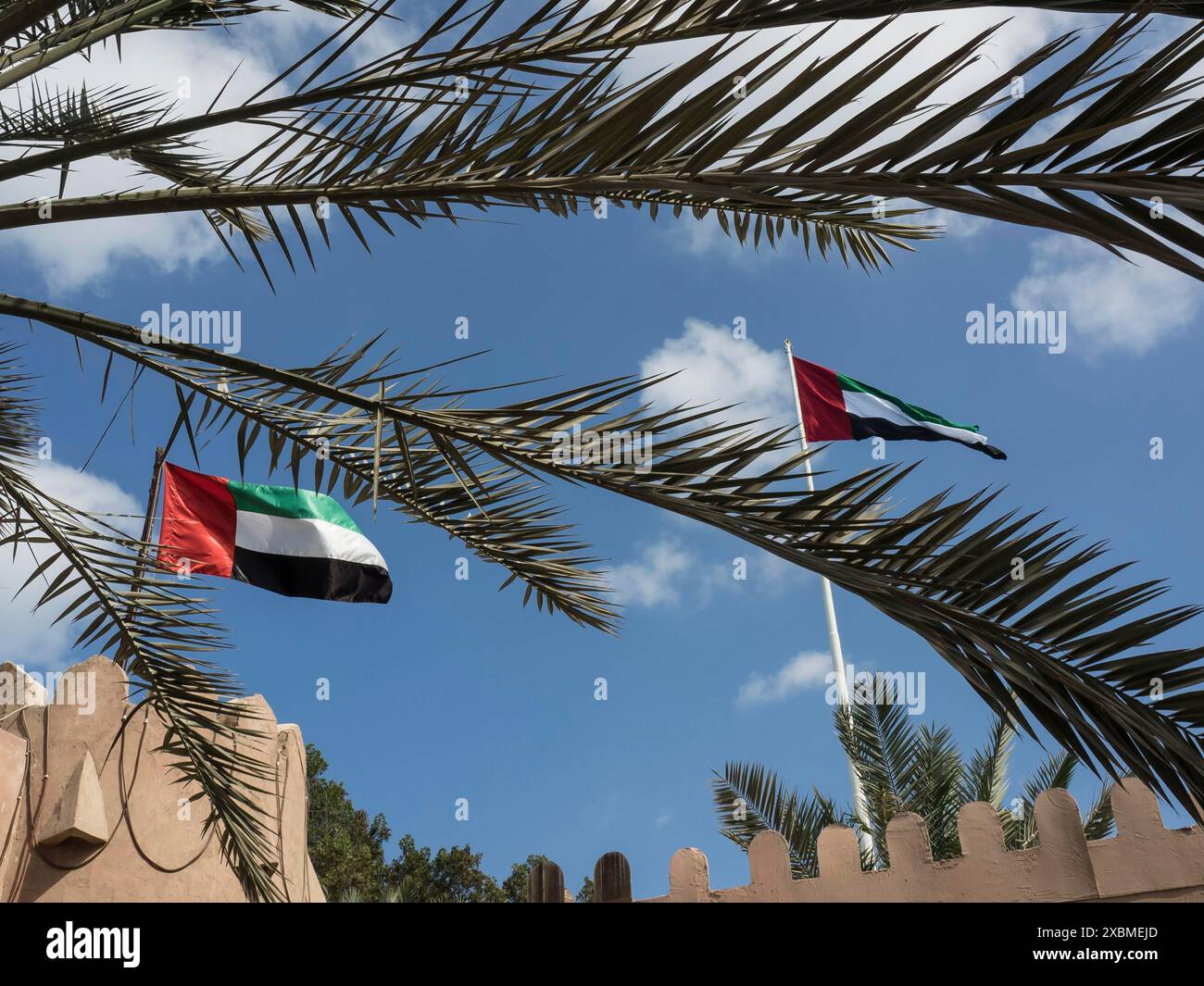 Two flags waving in the wind, surrounded by palm trees and a blue sky ...