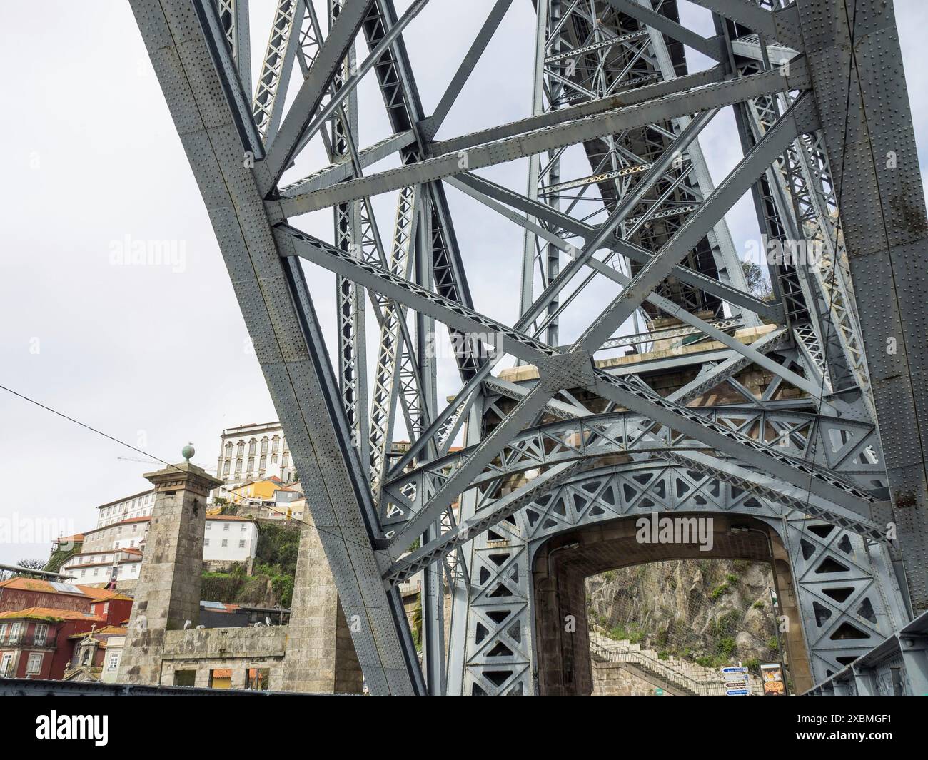 Details of the steel girders of a large bridge in the city with ...