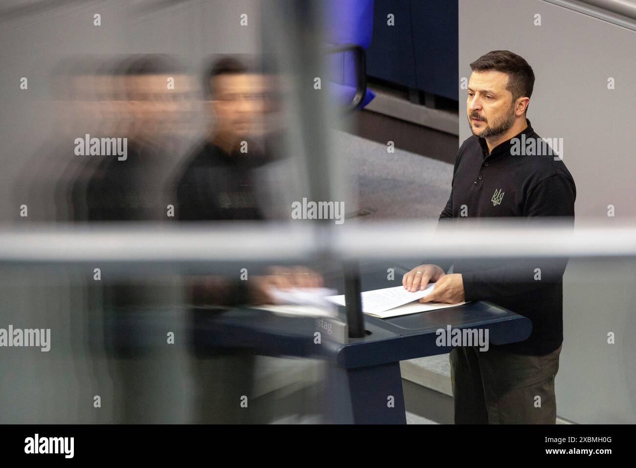 Volodymyr Zelensky (President of Ukraine) delivers a speech at a ...