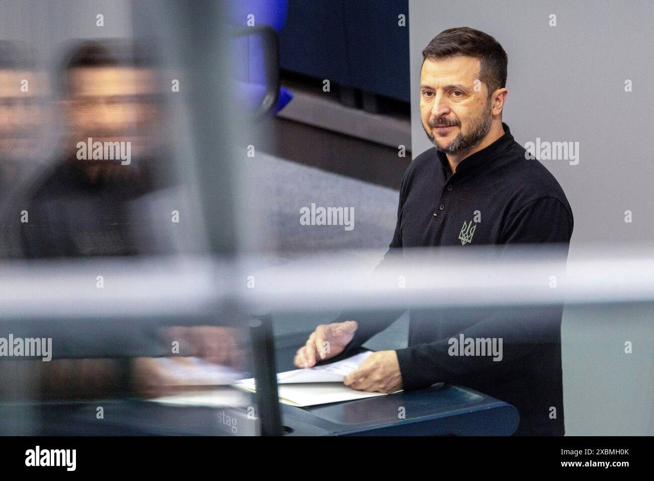 Volodymyr Zelensky (President of Ukraine) delivers a speech at a ...
