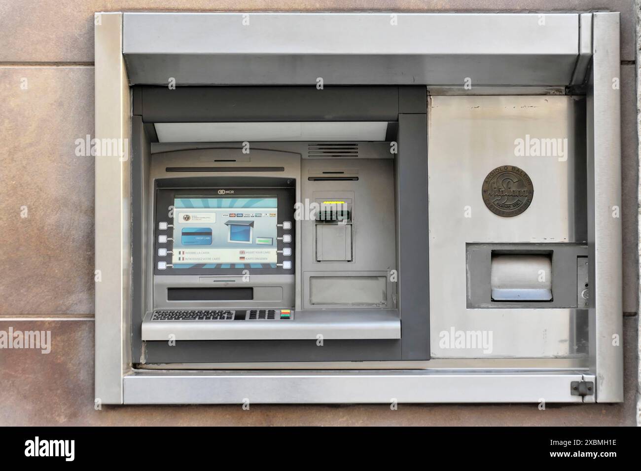 San Gimignano historic centre, Tuscany, Italy, Europe, Modern ATM with ...
