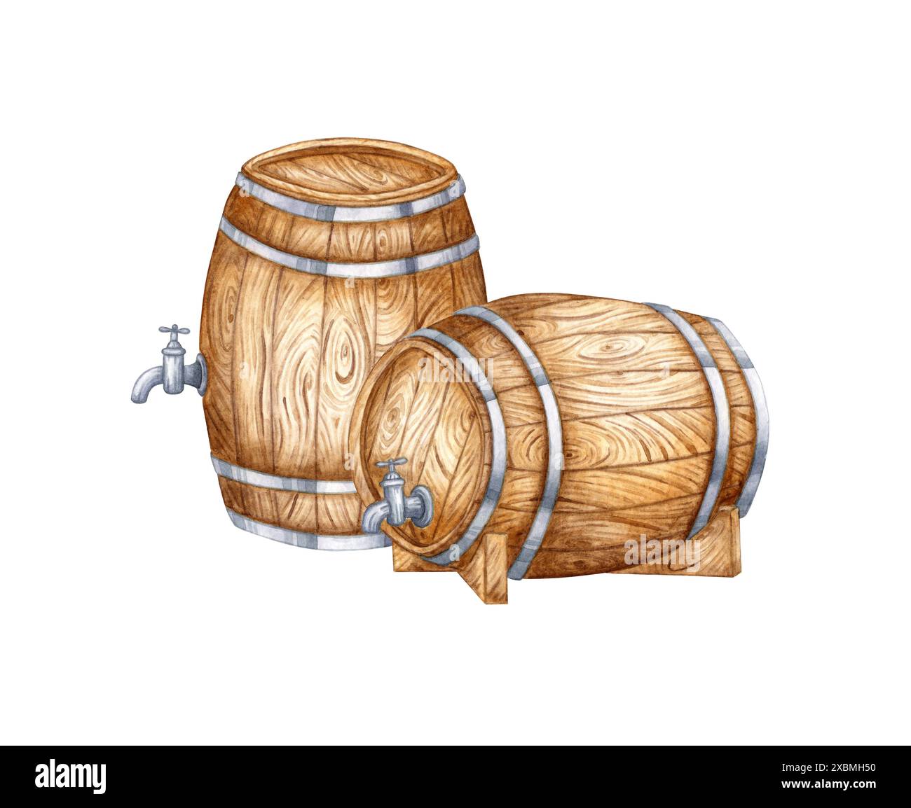 Two wooden barrels with a tap for beer, wine, cognac, rum, brandy and ...