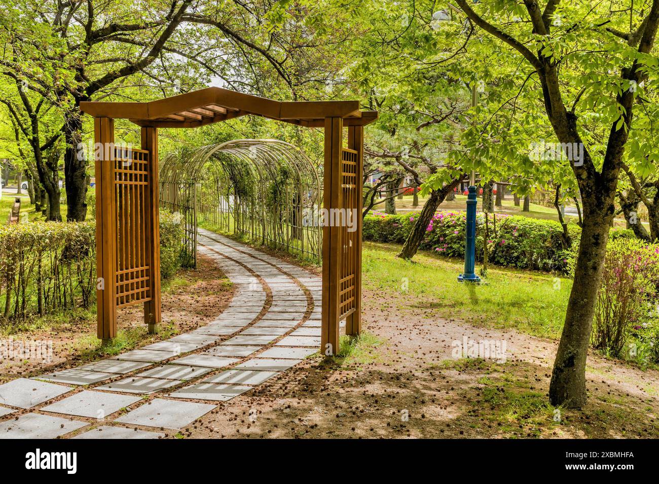 Inviting wooden arbor over a pathway in a garden surrounded by lush ...