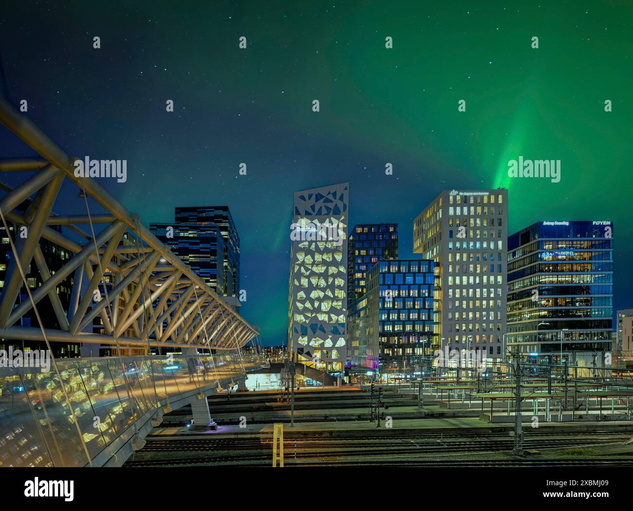 Barcode neighbourhood with acrobats pedestrian bridge night northern ...