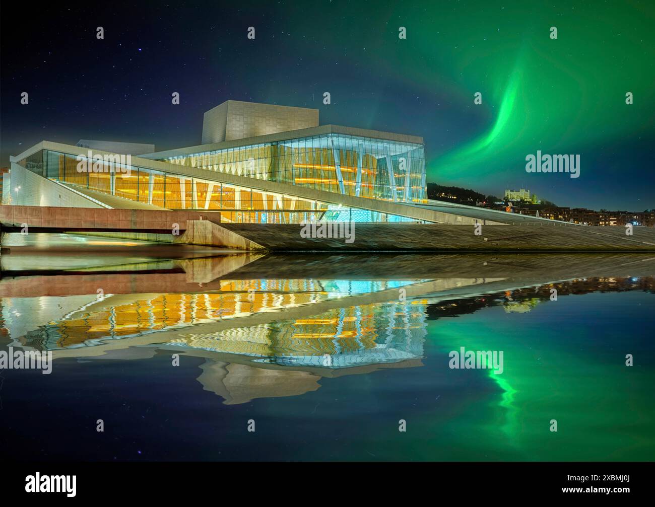 Opera illuminated night northern lights reflection Oslo Norway Stock ...