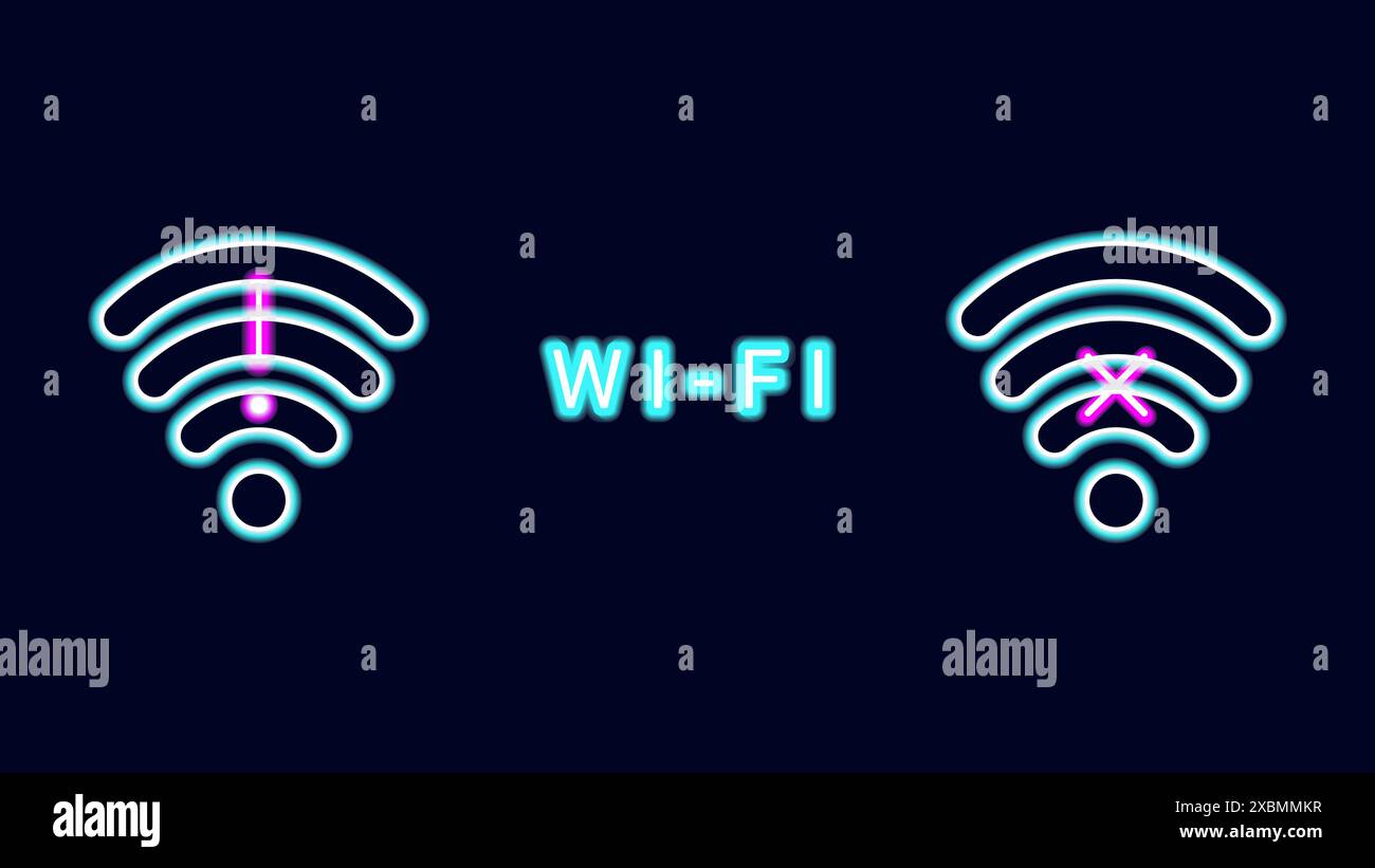 WiFi symbols neon effect dark background. Waves Wi Fi signal icon ...