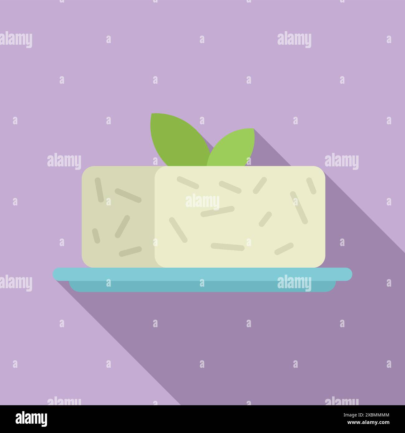 Square block of tofu garnished with basil leaves, served on a plate ...