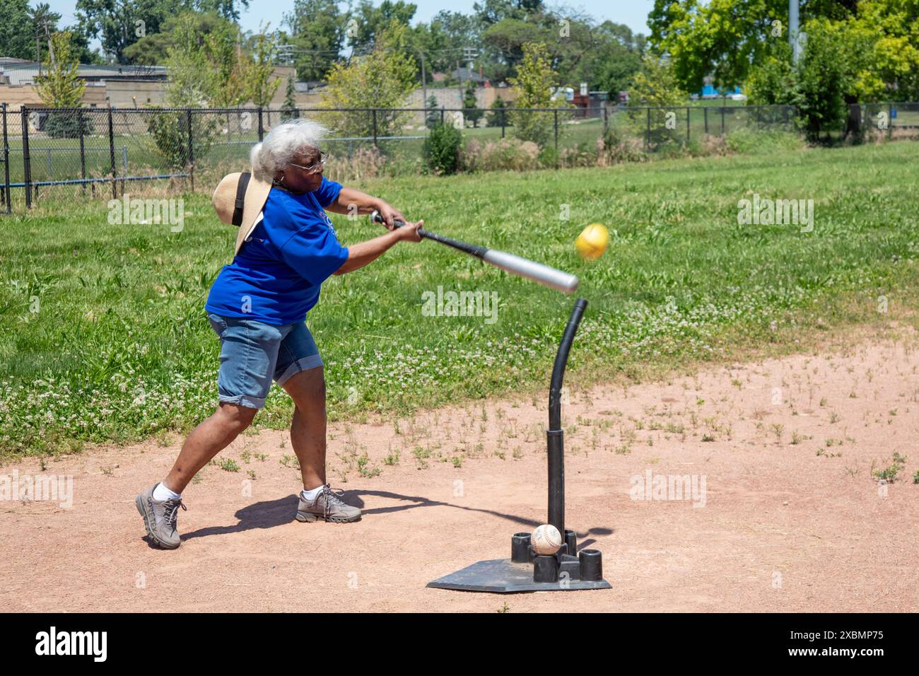 Detroit, Michigan - Fanella Felto, 73, competes in the Softball Hit at ...