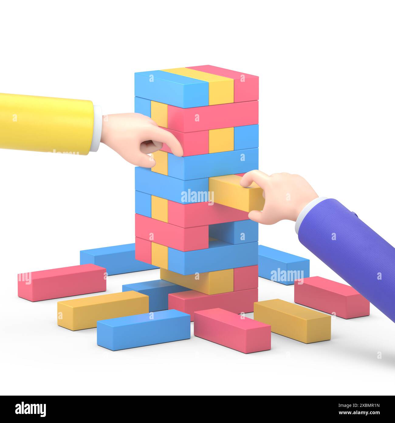 Cartoon Gesture Icon Mockup.Businessman hands play wood block tower ...