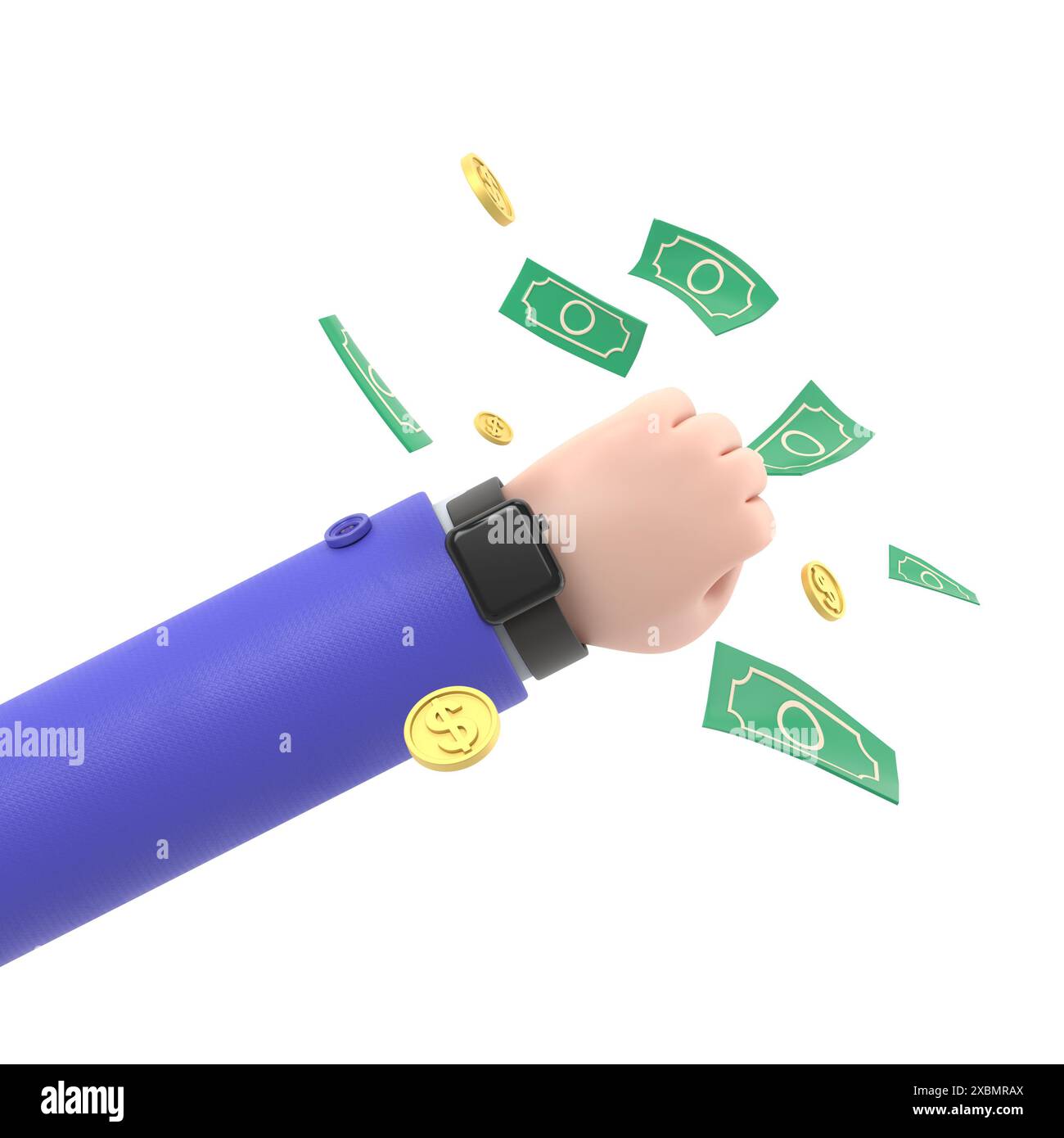 3d cartoon render man arm with hand watch or alarm clock and flying ...