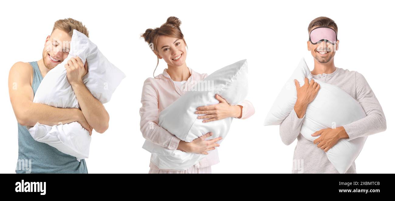 Group of young people with soft pillows on white background Stock Photo ...