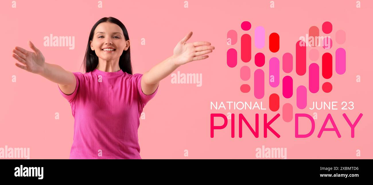 Banner for National Pink Day with happy young woman with open arms ...