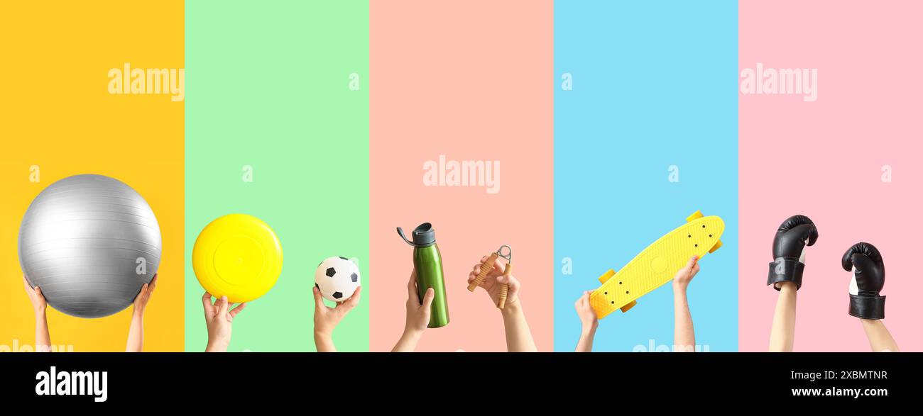 Collage of hands holding sports equipment on color background Stock ...