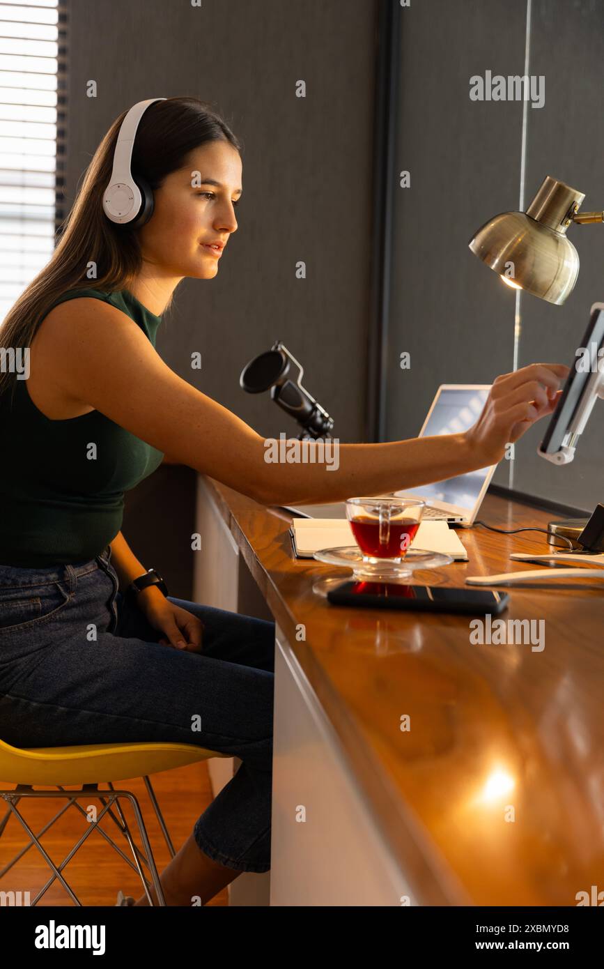 Woman podcaster recording audio podcast hi-res stock photography and ...