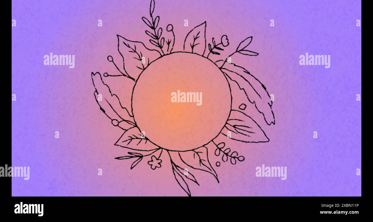 Image of circle with leaves over light spot on purple background, copy ...