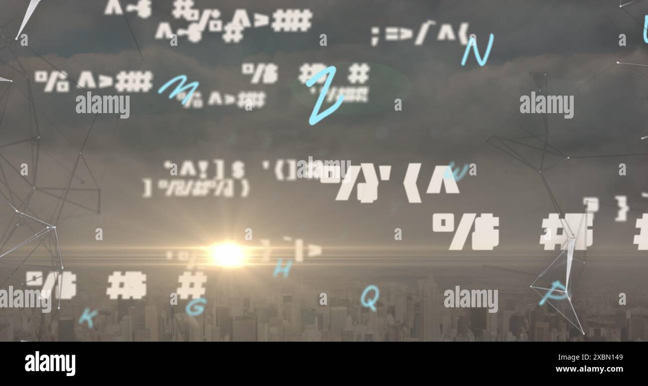 Image of statistics symbols and letters over network of city Stock ...