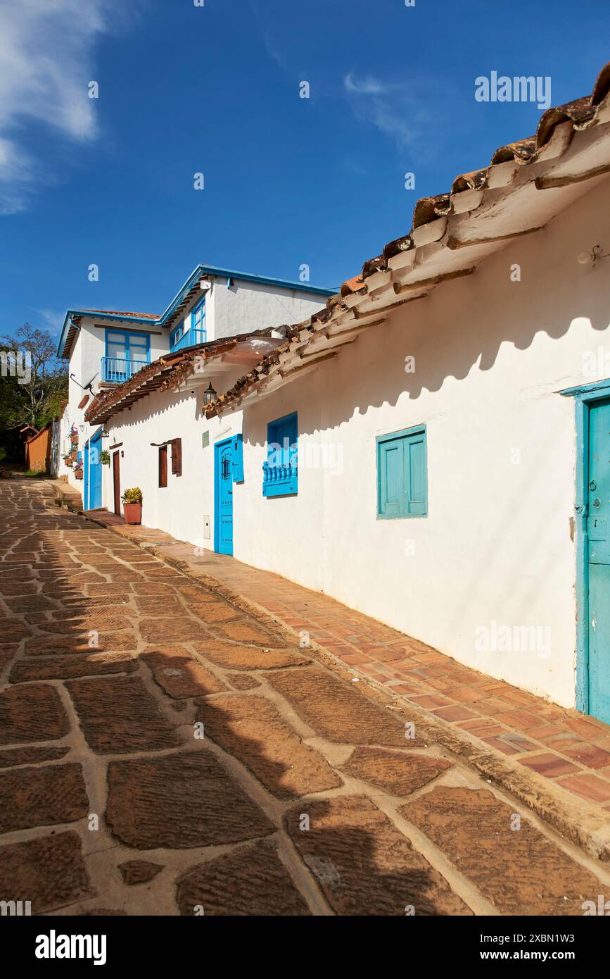 Colonial cobbled street of Barichara, Colombia, declared a National ...