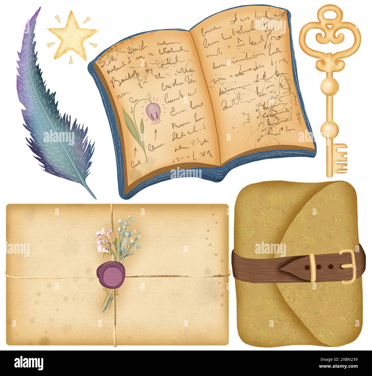 Vintage Book, Quill feather, Key, and a Letter Decorated with Dried ...