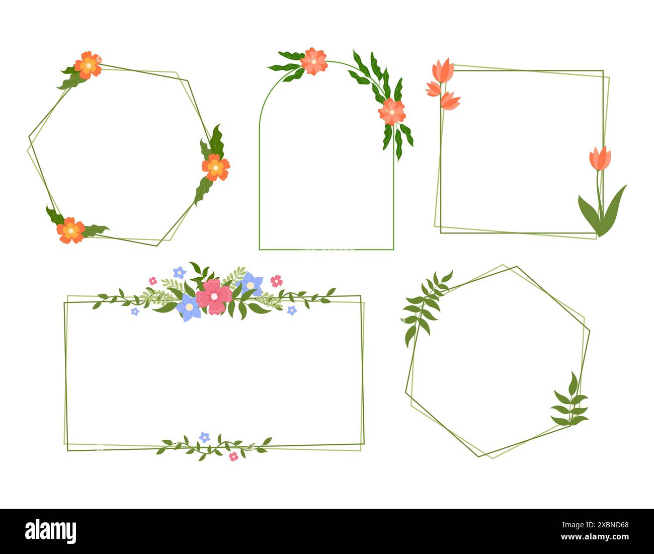 Floral frames vector set. Botanical wreaths with cute flowers and leaves. Decorative rectangular ...