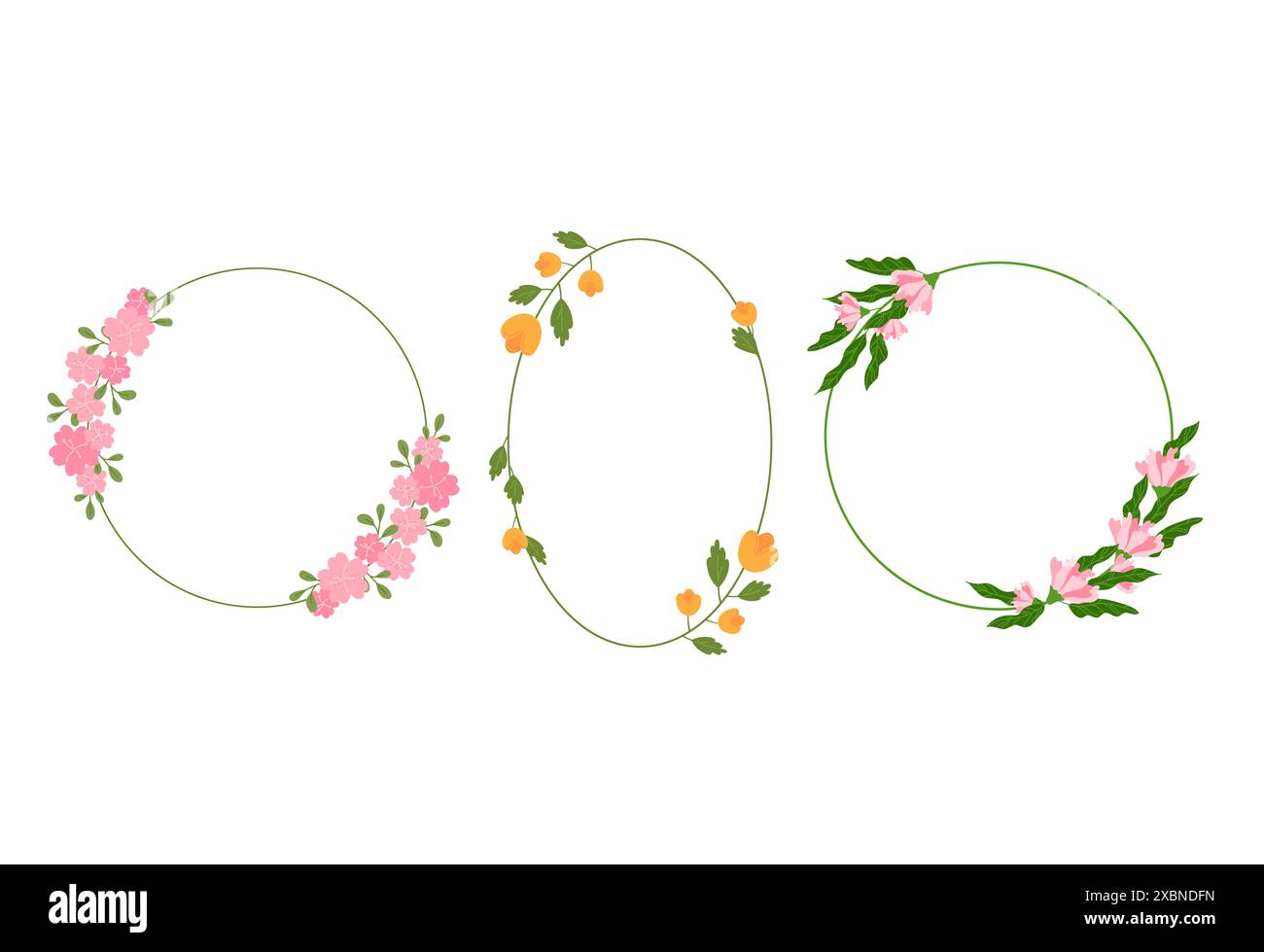 Floral frames vector set. Botanical wreaths with cute flowers and ...