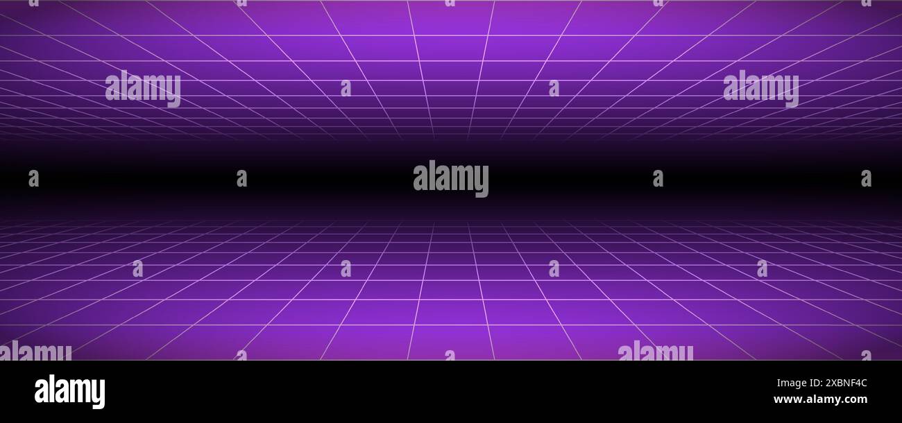 Glowing neon wireframe background. Purple checkered grid planes in ...