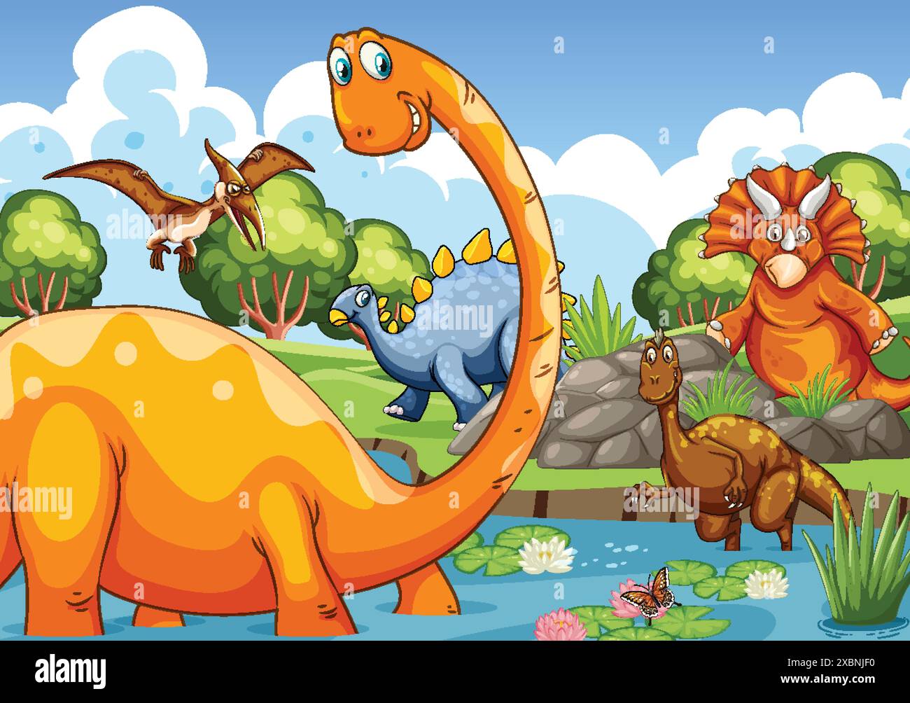 Colorful dinosaurs in a vibrant natural setting Stock Vector Image ...