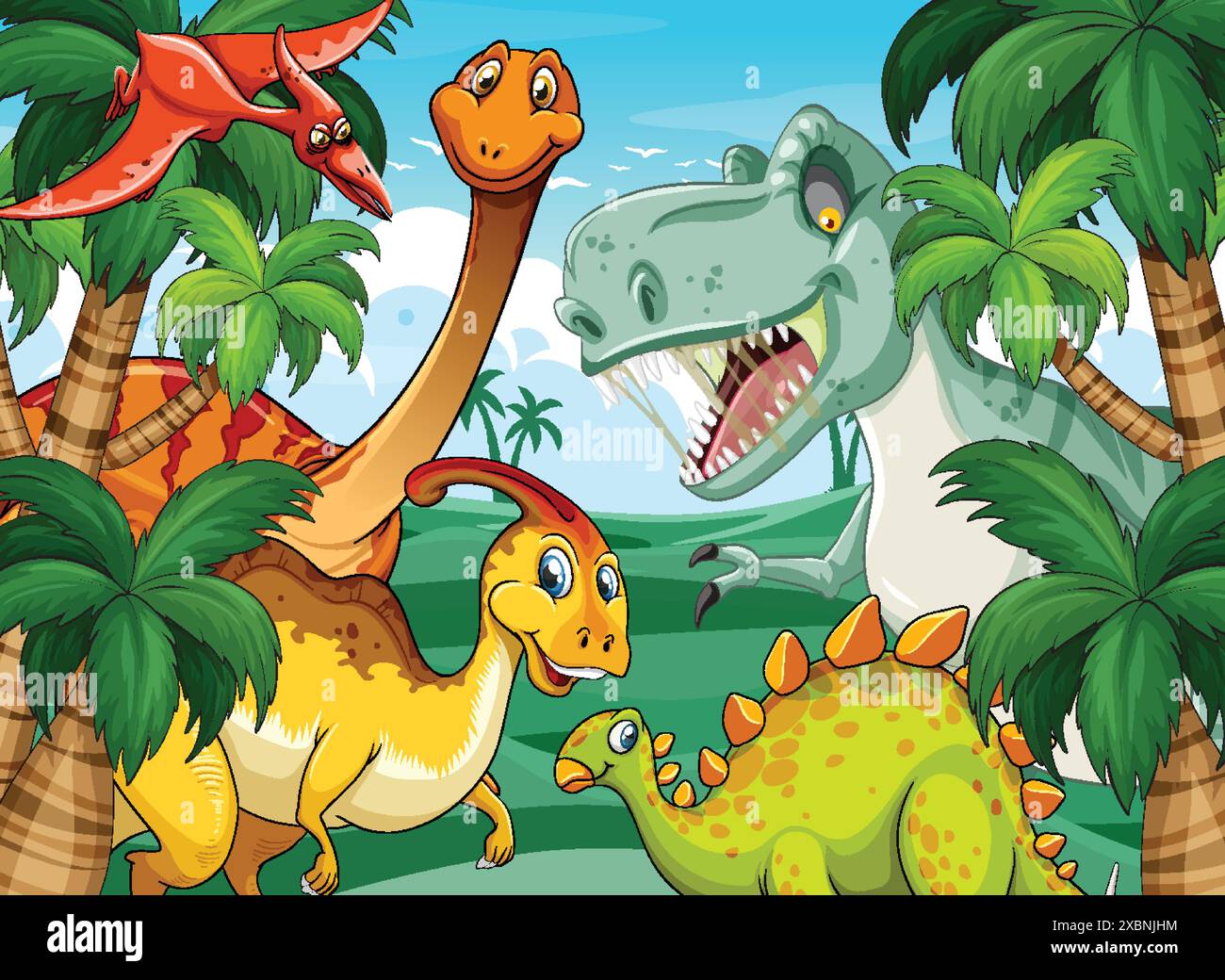 Colorful dinosaurs in a lush jungle setting Stock Vector Image & Art ...