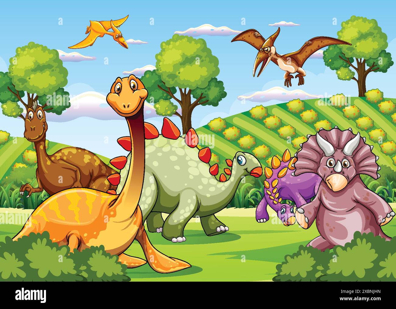 Colorful dinosaurs in a vibrant, green environment Stock Vector Image ...