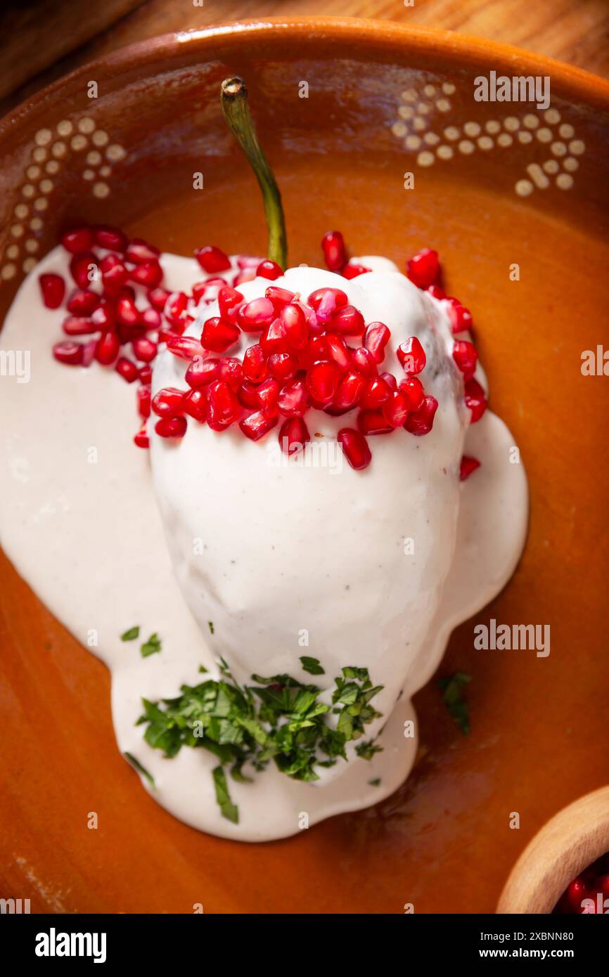 Chiles en Nogada, Typical dish from Mexico. Prepared with poblano chili ...