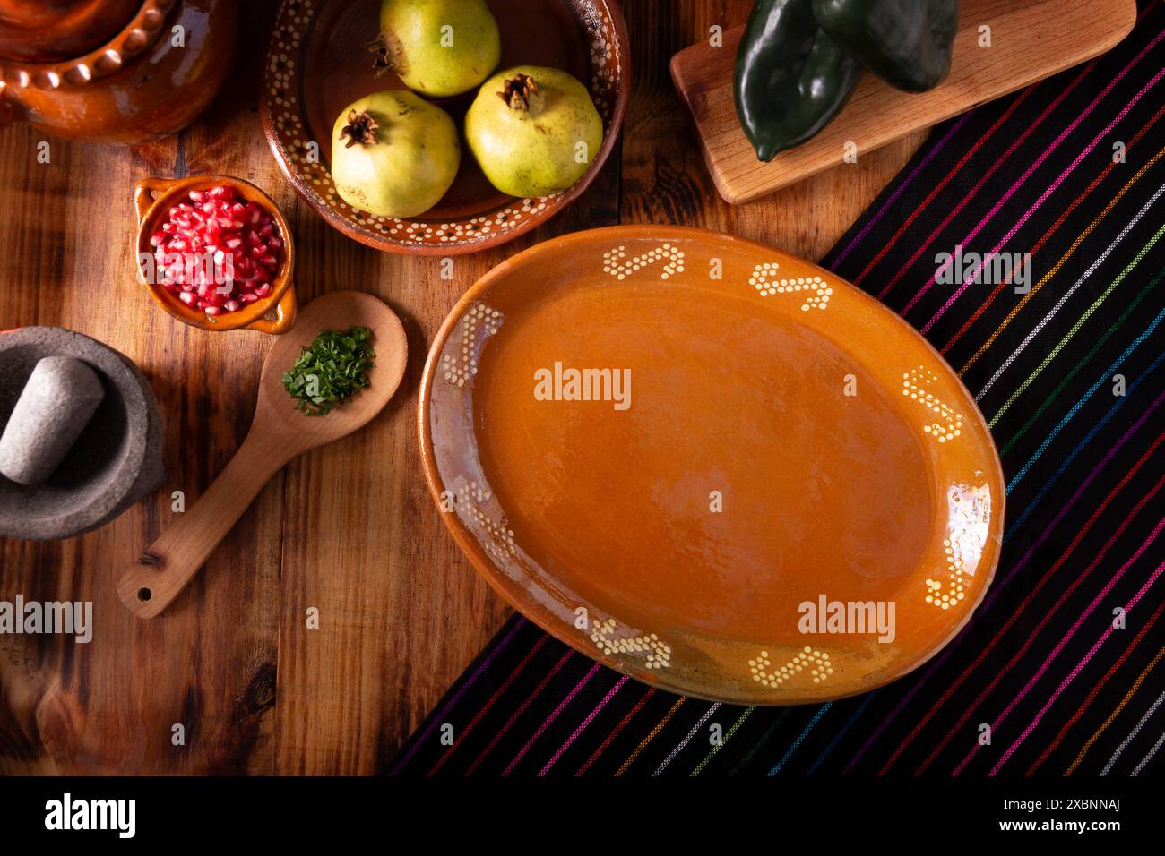 Mexican food background. Traditional empty clay plate on a rustic ...