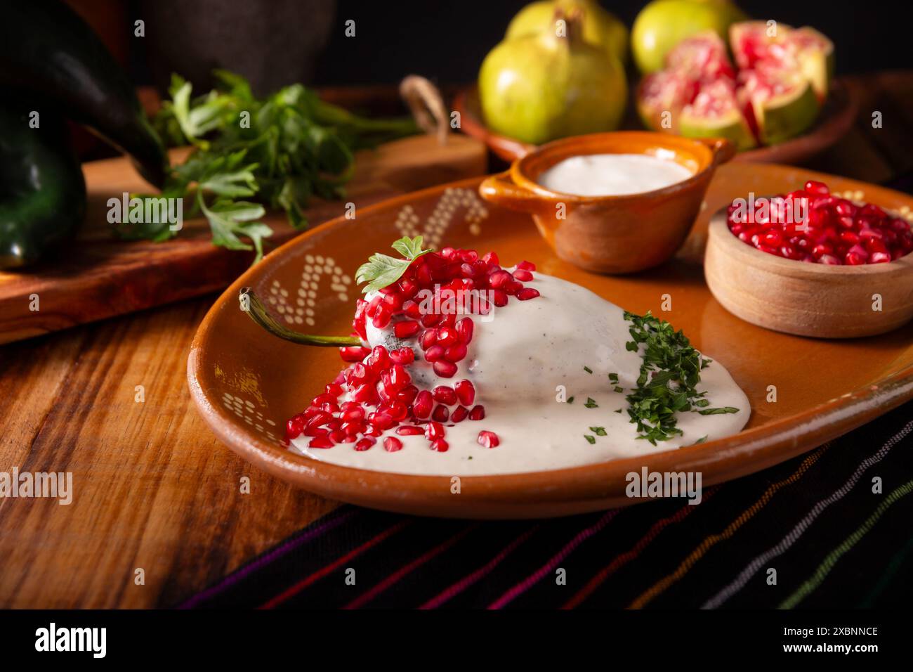 Chiles en Nogada, Typical dish from Mexico. Prepared with poblano chili ...