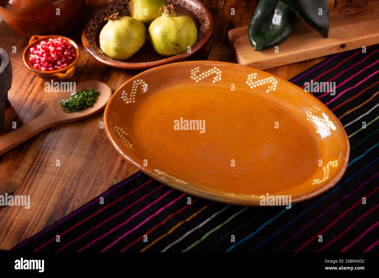 Mexican food background. Traditional empty clay plate on a rustic ...