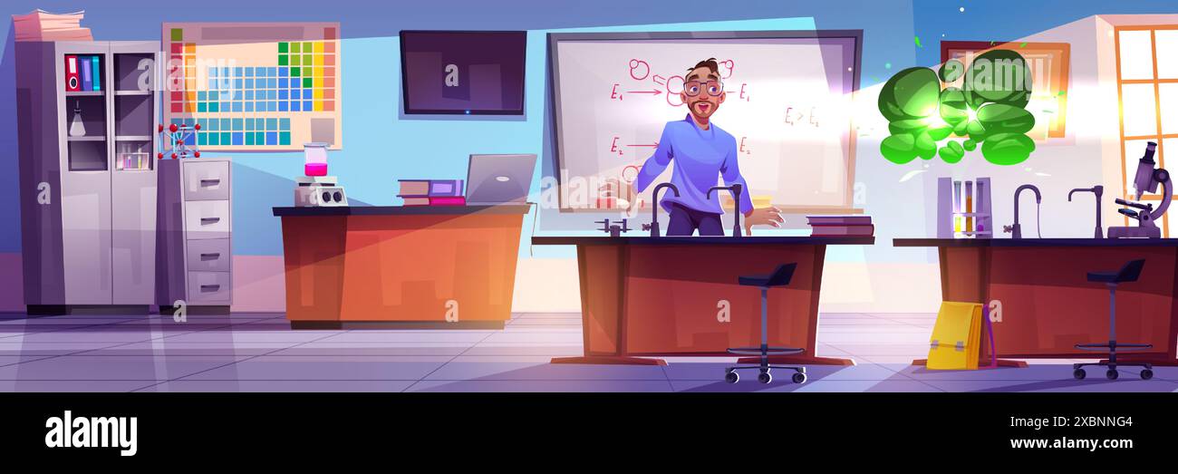 Chemistry lab classroom with teacher cartoon vector. College science ...